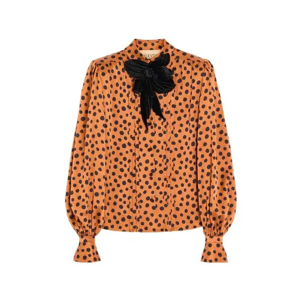 Valentino Garavani Crepe Satin Polka Dot Silk Pleated Shirt - Orange
