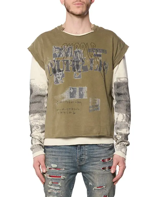 PURPLE BRAND Two Layer Distressed Graphic Cotton T-shirt - Green