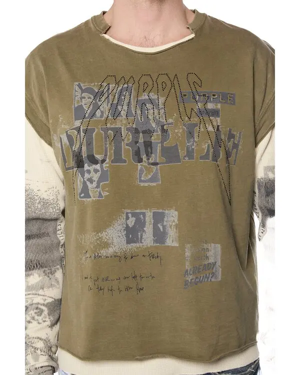 PURPLE BRAND Two Layer Distressed Graphic Cotton T-shirt