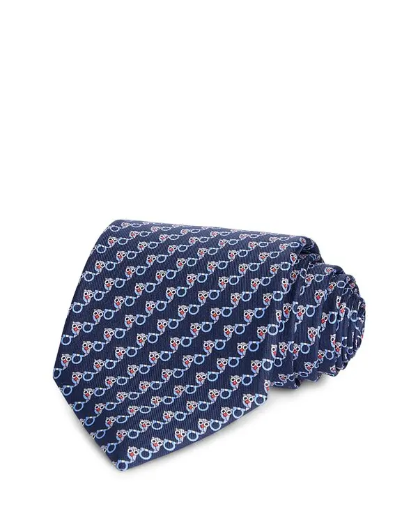FERRAGAMO Silk Classic Owl Gancini Neck Ties - F. Navy