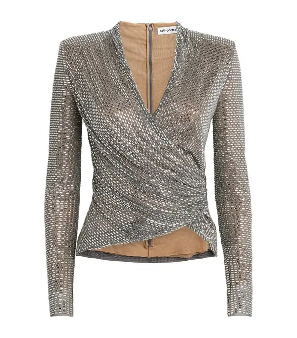 SELF-PORTRAIT Rhinestone-embellished Wrap Top