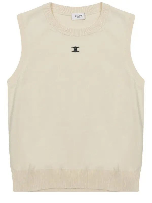 Celine Logo Gilet In Virgin Wool Blend - Beige