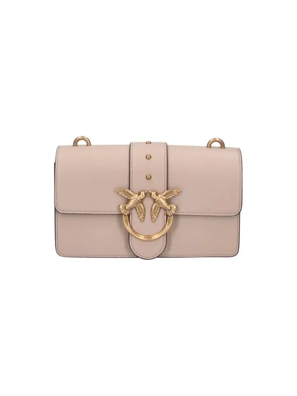 Pinko Leather Shoulder Bag With Bird Buckle - Beige