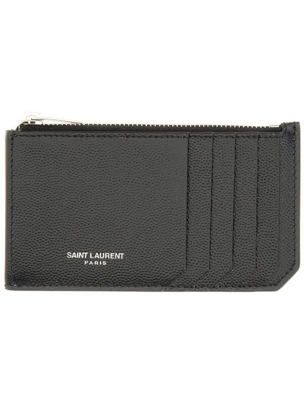 Saint Laurent Logo Calfskin Zip Card Case - Black