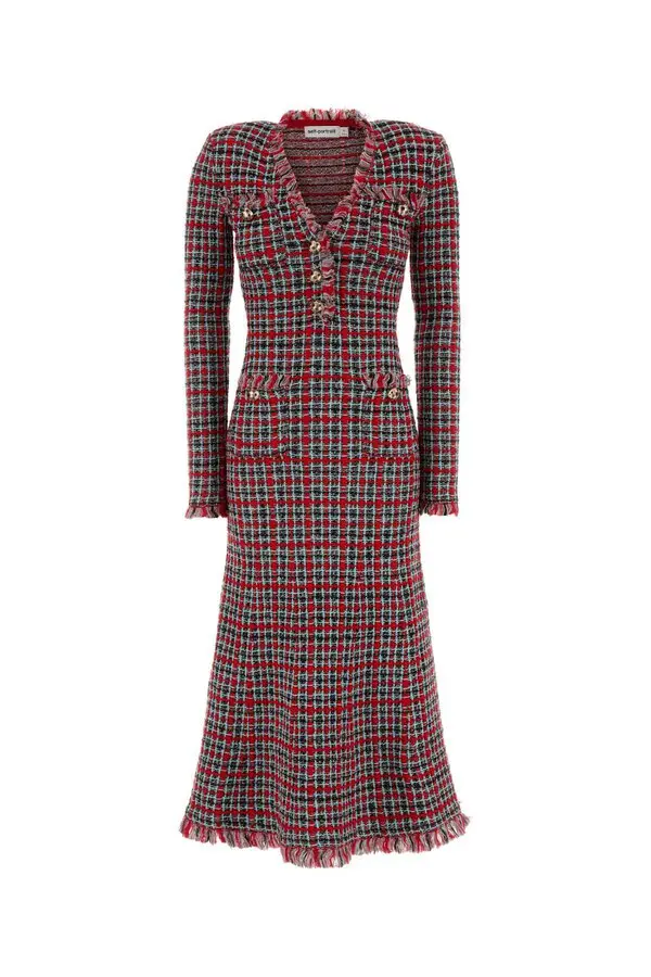 SELF-PORTRAIT Check Frayed Knit Midi Dress