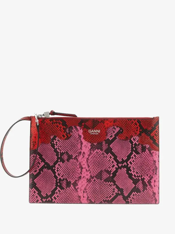 GANNI Python Print Mini Pouch Handbag With Zip Closure, Front Logo - Rosa