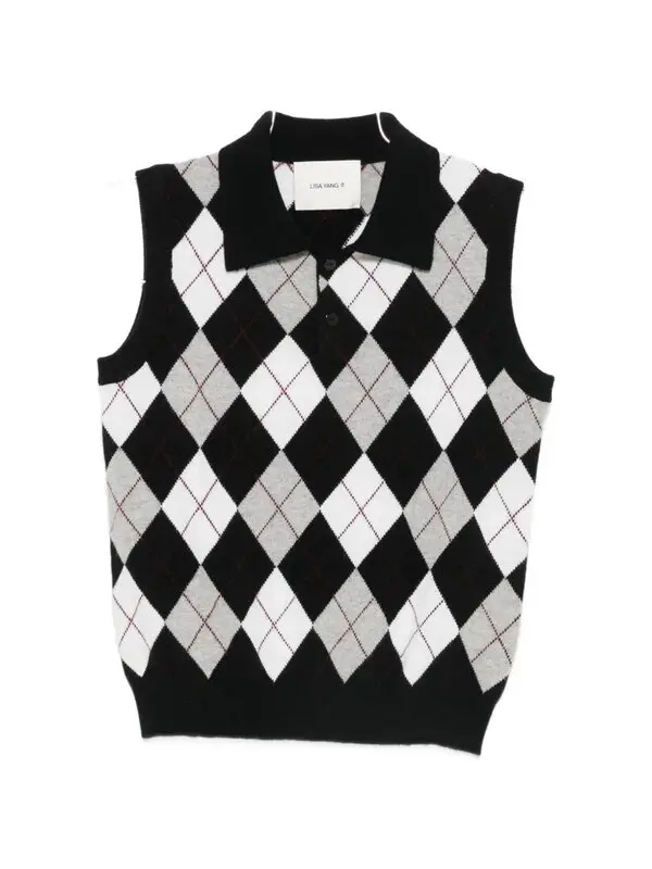 LISA YANG Sleeveless Cashmere Polo Shirt With Front Buttons And Diamond Print - Nero