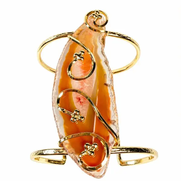 BY OZGE Sacred Ember Handcrafted Carnelian Agate Gold Plated Statement Cuff Bracelet - Gold/orange