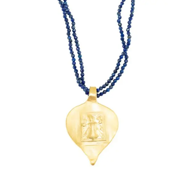 OPIUM JEWELS Blue And Gold Heart Shaped Devi Goddess Amulet With Double Strand Lapis Lazuli - Blue/gold
