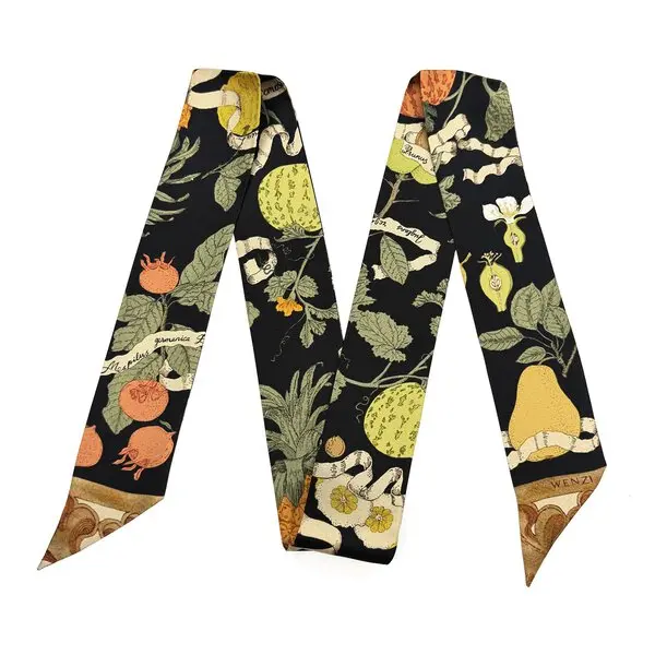 WENZI Mulberry Silk Ribbon Scarf, Long Skinny Scarf, Hair Scarf, Purse Scarf, Botanical Harvest Ribbon, Floral Botanical Pattern - Purple
