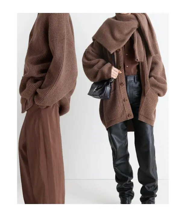 LEMAIRE V-neck Button-up Cardigan - Hazelnut Mix