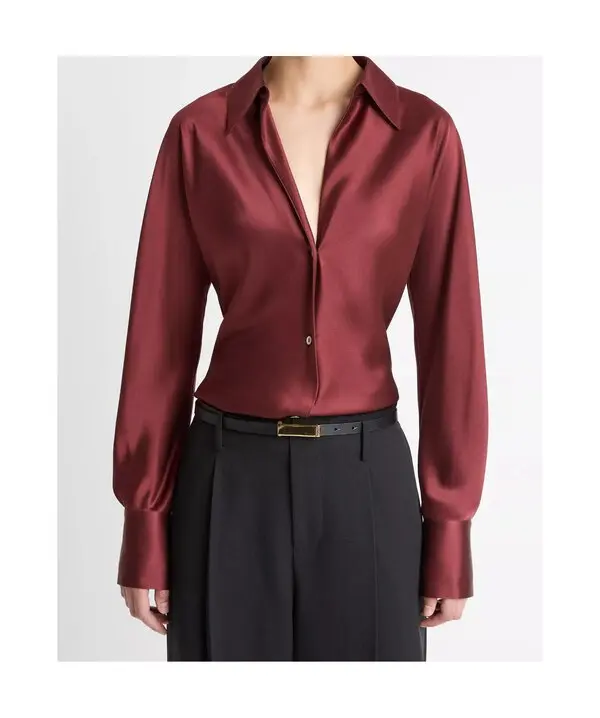 Vince Long-sleeved Button-up Satin Shirt - Bordeaux Red