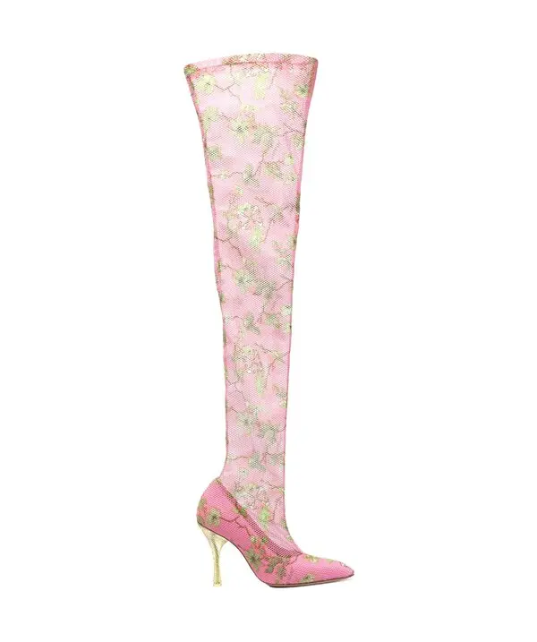 Off-White Crystal Floral Mesh Thigh-high Boots