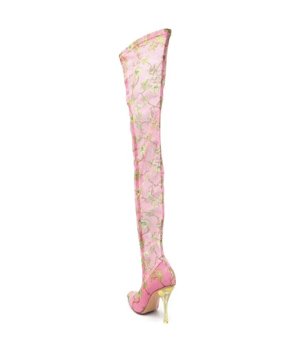 Off-White Crystal Floral Mesh Thigh-high Boots