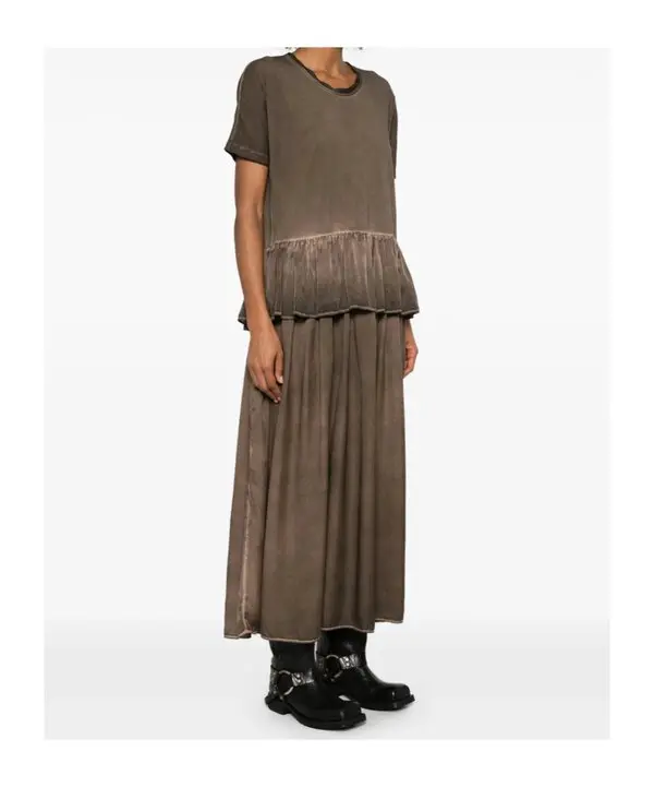 UMA WANG Short Sleeve Pleated Dress - Chocolate Brown
