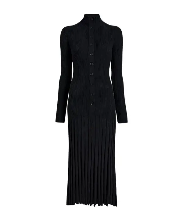 Proenza Schouler Ribbed Pleated Midi Day Dress - Black