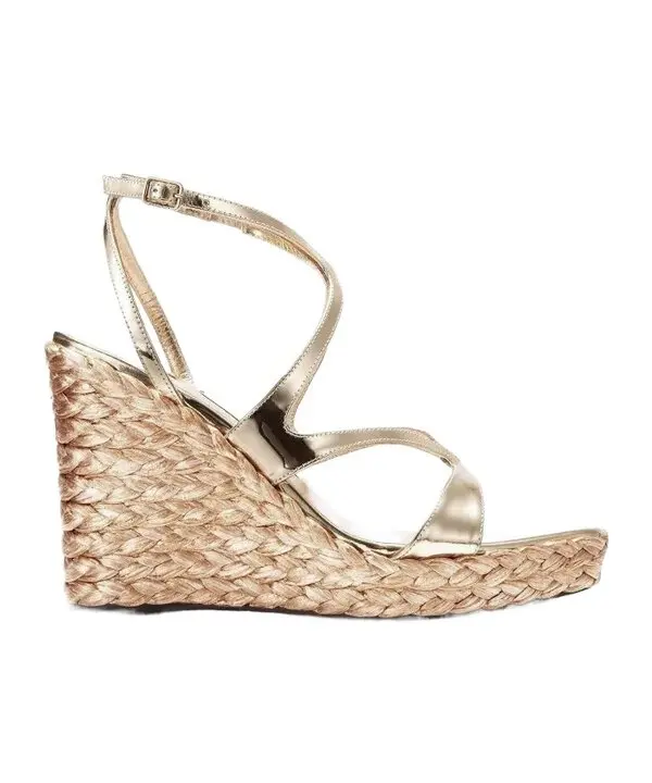 JIMMY CHOO 85mm Ayla Metallic Cross-strap Wedge Sandals