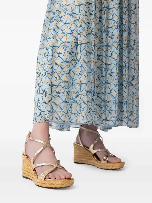 JIMMY CHOO 85mm Ayla Metallic Cross-strap Wedge Sandals