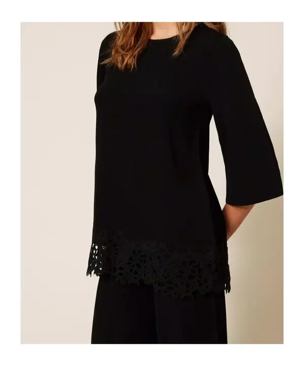 TWINSET Lace-hem Quarter-sleeve Tunic - Black