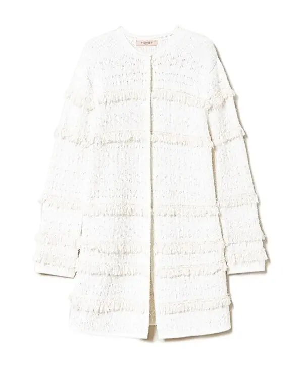 TWINSET Fringe-detail Long-sleeve Cardigan Coat - White