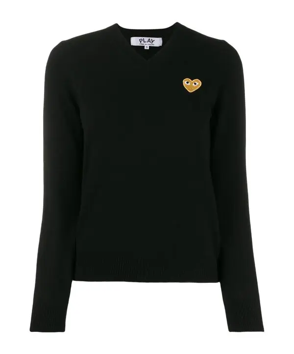 Play Comme Des Garcon Heart-patch V-neck Wool Sweater - Black