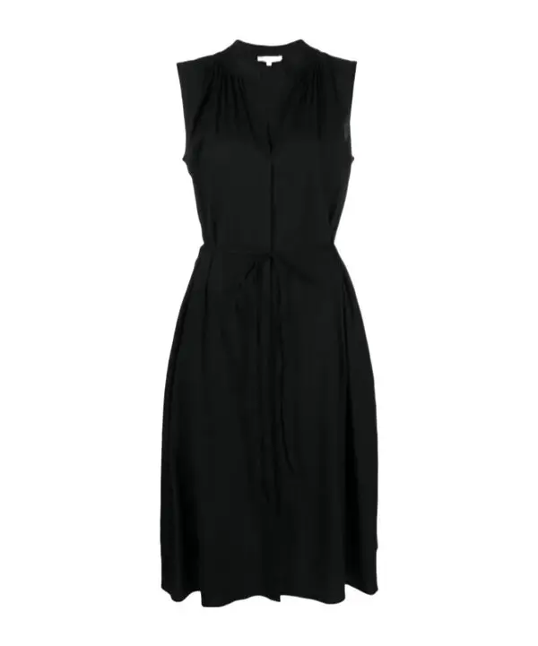 Vince Shirred Band Collar V-neck Dress
