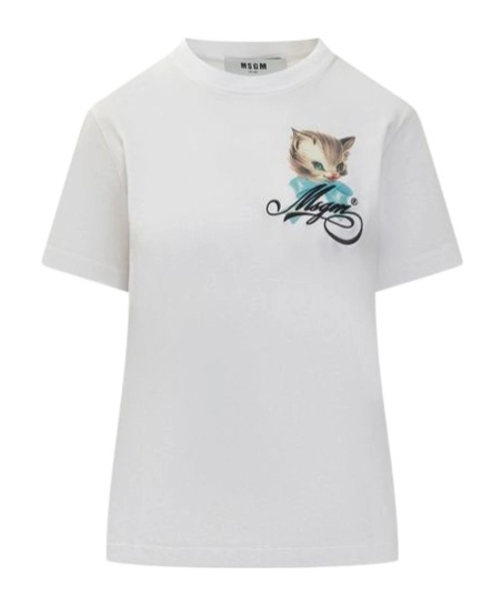 MSGM Cute Kitty Graphic And Cursive Logo Jersey T-shirt