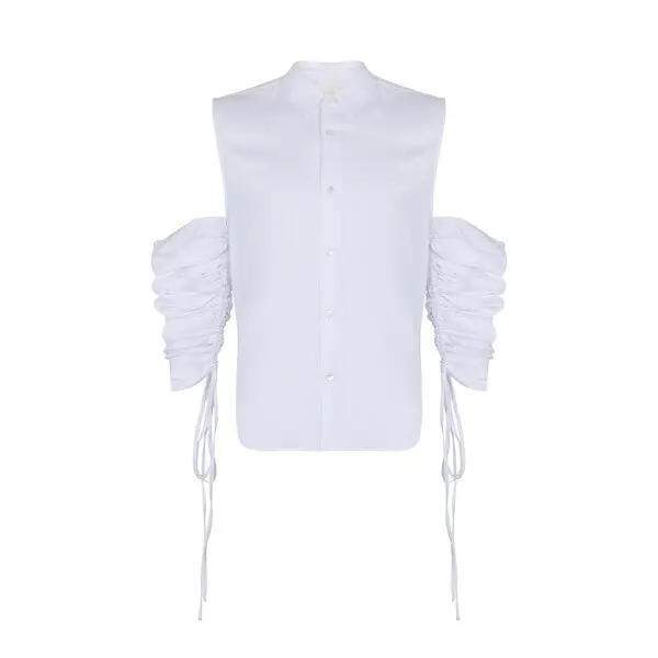 AYA DESIGN Cut Off Ruched Sleeve Cotton Shirt