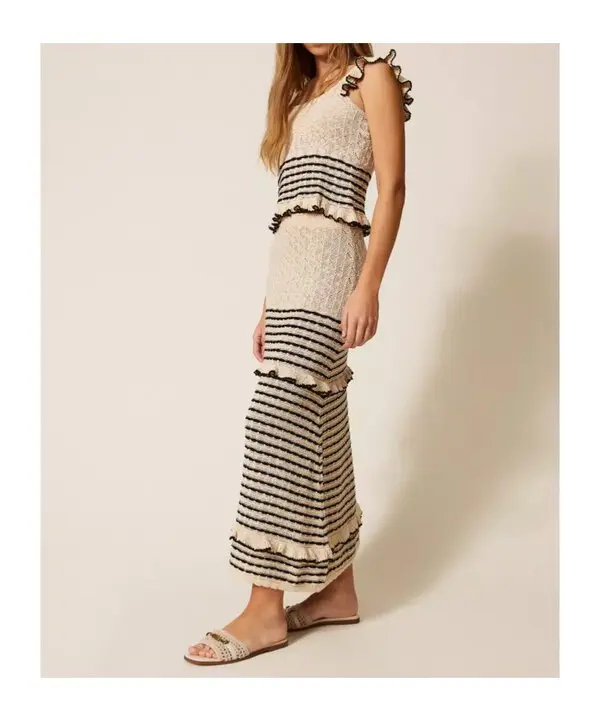 TWINSET Striped Ruffled Maxi Skirt - Nude