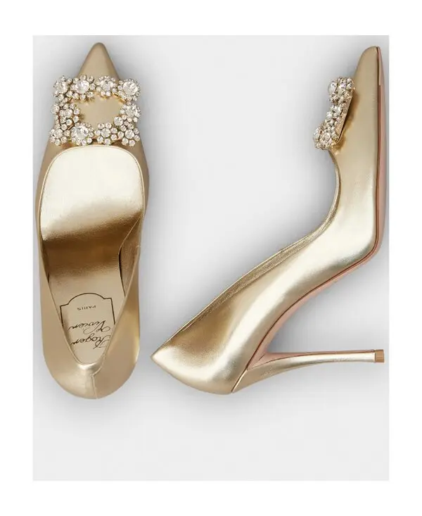 ROGER VIVIER Flower Strass Buckle Pumps In Nappa Leather - Nude