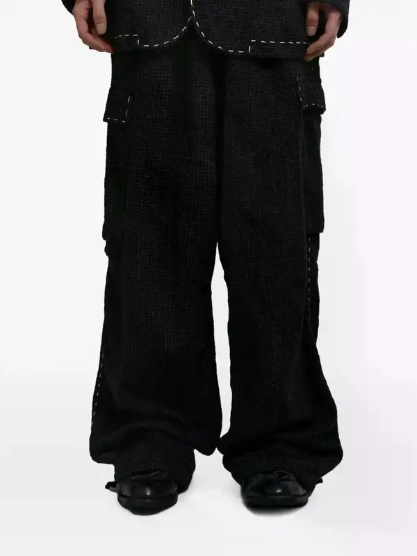 Y’s Houndstooth-pattern Hand-stitched Cargo Trousers