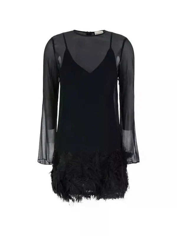 SEMICOUTURE Feather-trim Sheer-sleeve Mini Dress
