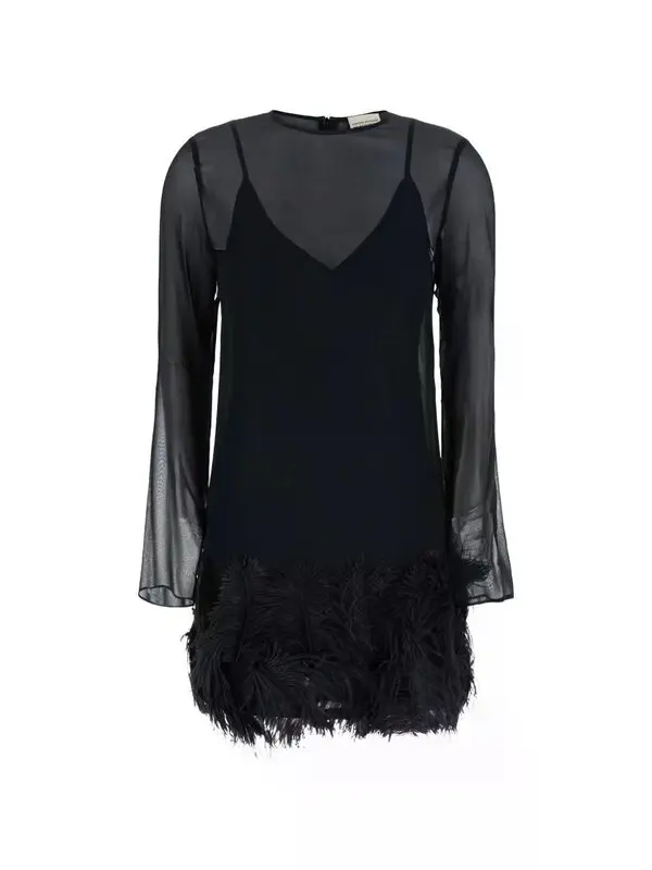 SEMICOUTURE Feather-trim Sheer-sleeve Mini Dress - Black