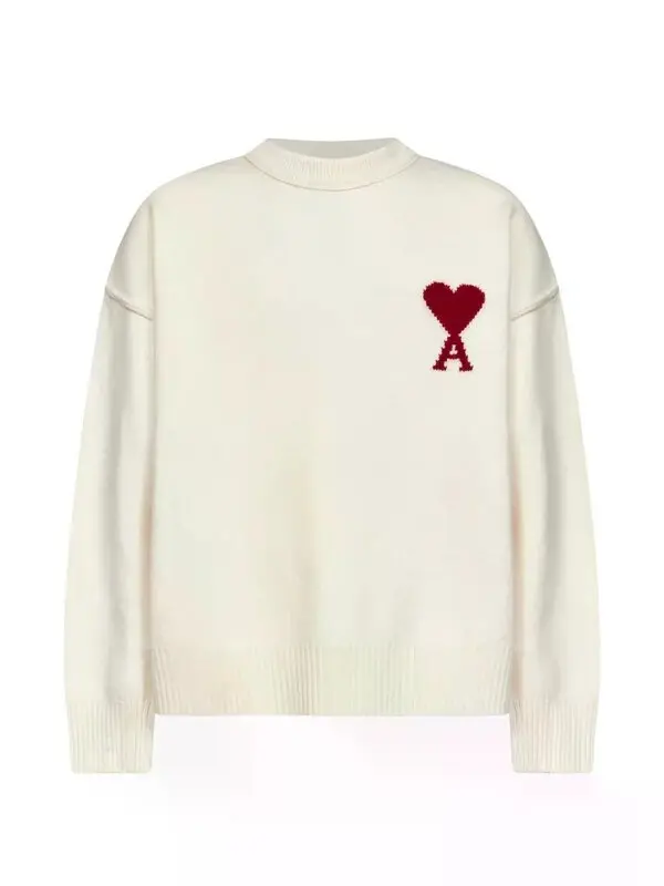 AMI Paris Felted Merino Wool Crewneck Sweater With De Coeur - Neutrals