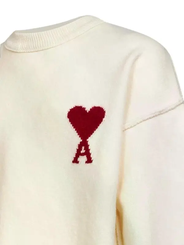 AMI Paris Felted Merino Wool Crewneck Sweater With De Coeur - Neutrals