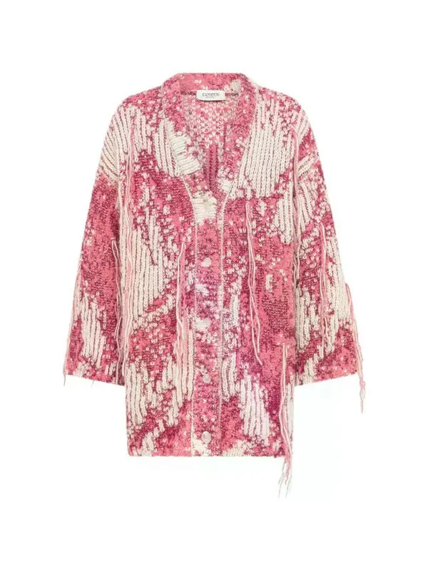 LANEUS Jacquard-knit Fringed Cardigan