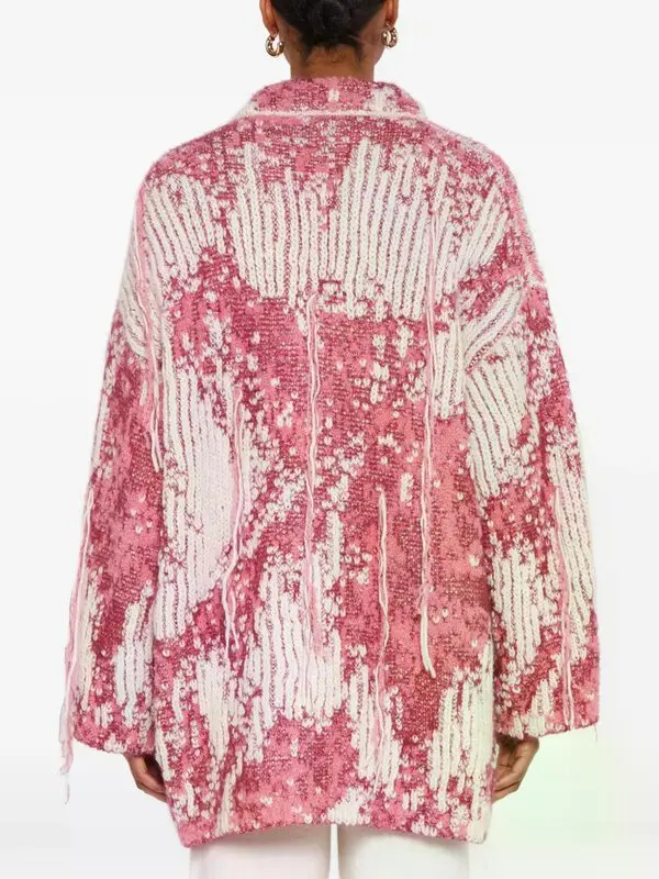 LANEUS Jacquard-knit Fringed Cardigan
