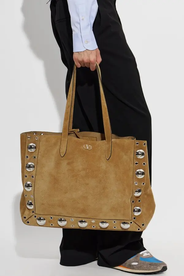 Valentino Garavani Suede Shopper Bag With Studs - Beige