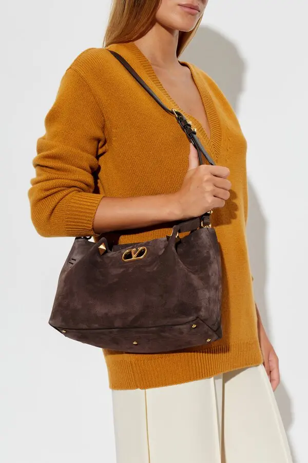 Valentino Garavani Suede Shopper Bag With Logo - Brown