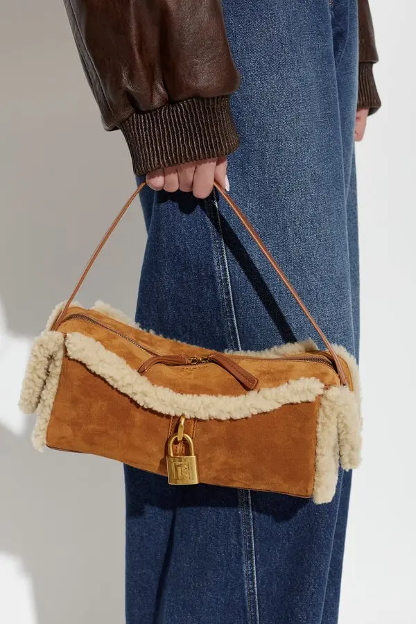 Balmain Suede Shearling Shoulder Bag - Brown