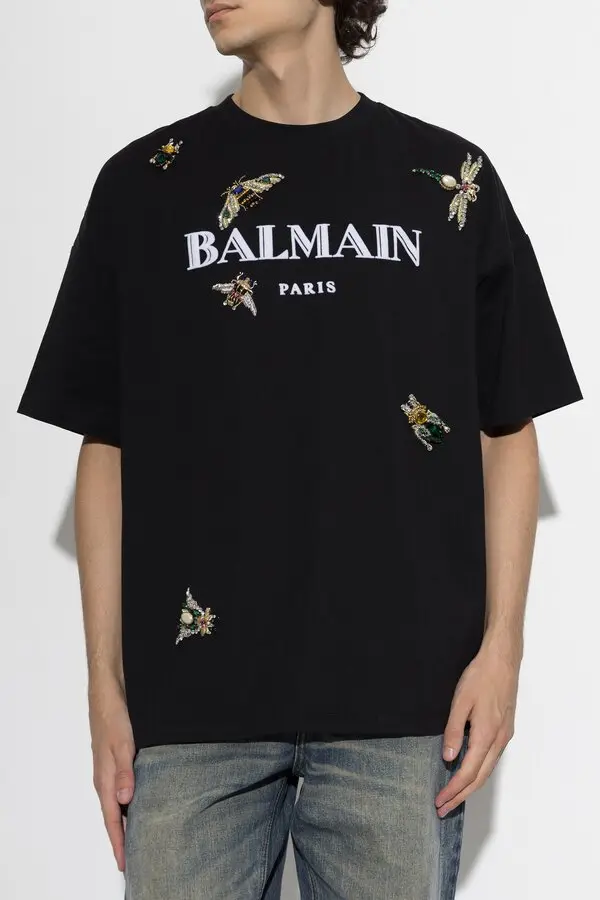 Balmain T-shirt With Logo And Shimmering Appliqués