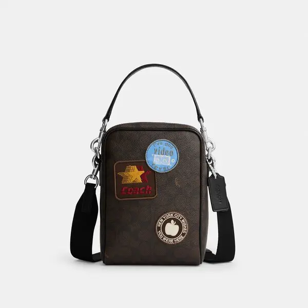 COACH OUTLET Tristan Crossbody Bag 14 In Signature Canvas With Patches - Silver/walnut/black