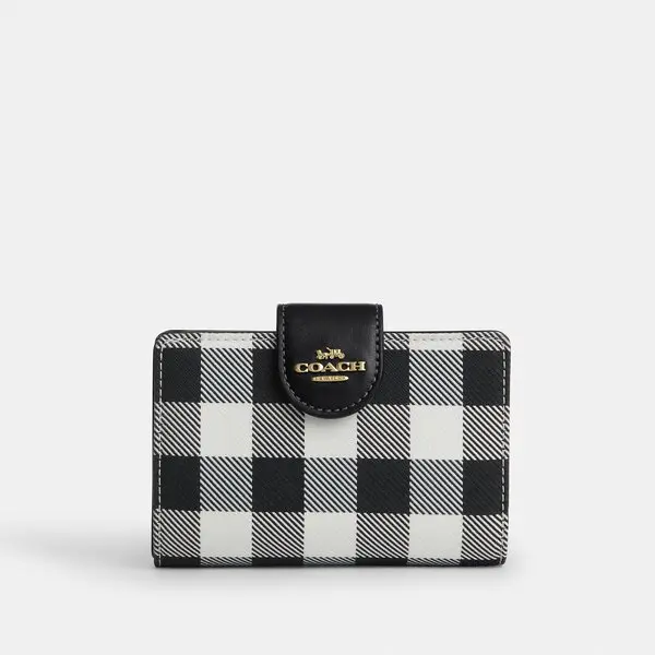 COACH OUTLET Medium Corner Zip Wallet With Gingham Print - Gold/black