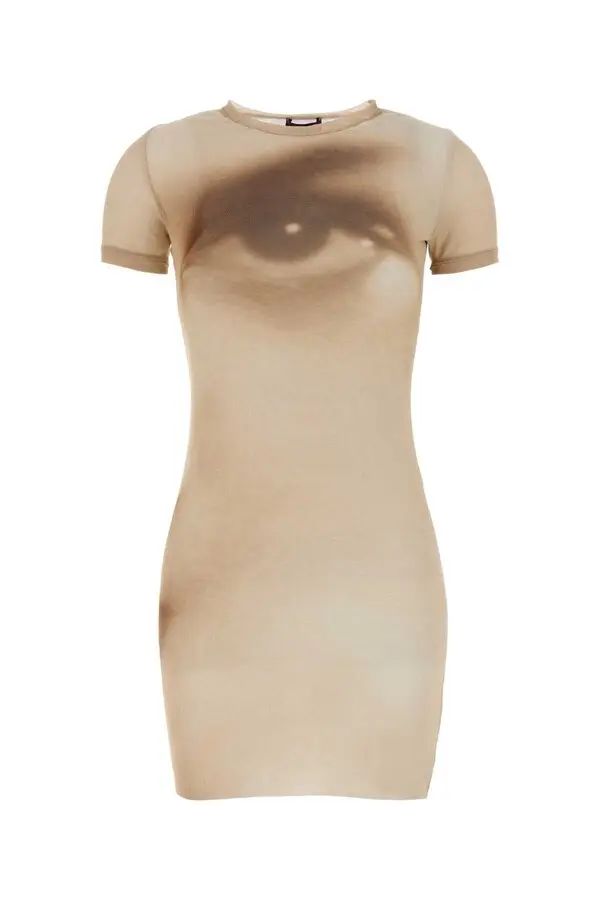 JEAN PAUL GAULTIER Mesh Mini Short Dress With Printed Face - Beige