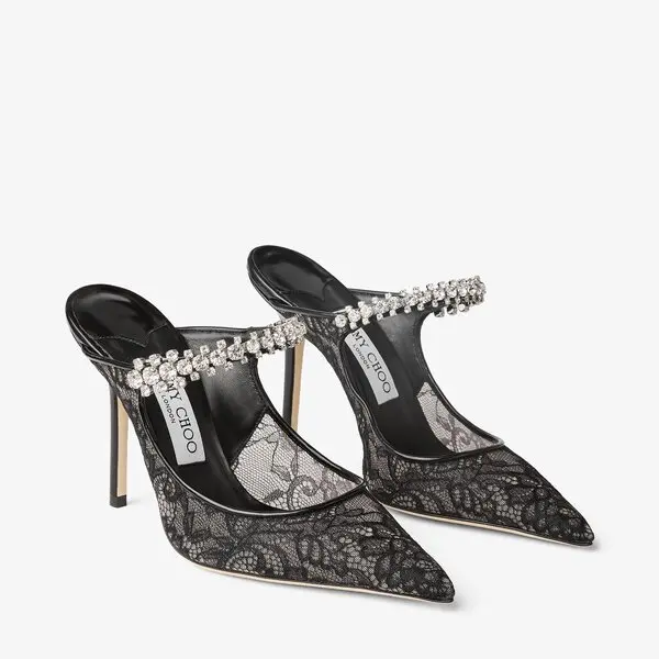JIMMY CHOO Bing 100 Lace Mules With Crystal Strap - Black
