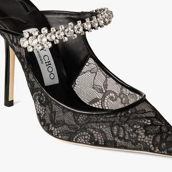 JIMMY CHOO Bing 100 Lace Mules With Crystal Strap - Black