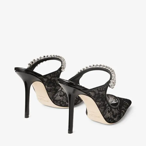 JIMMY CHOO Bing 100 Lace Mules With Crystal Strap - Black