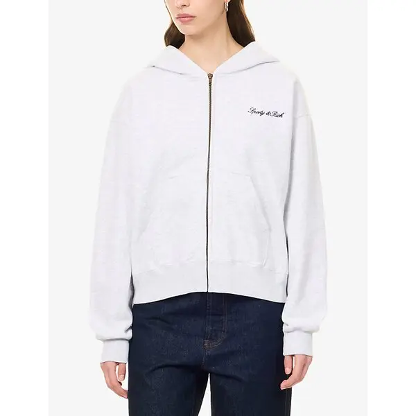 SPORTY & RICH Logo-embroidered Cotton Zip-up Hoodie