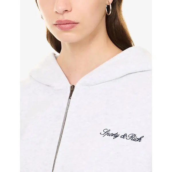 SPORTY & RICH Logo-embroidered Cotton Zip-up Hoodie