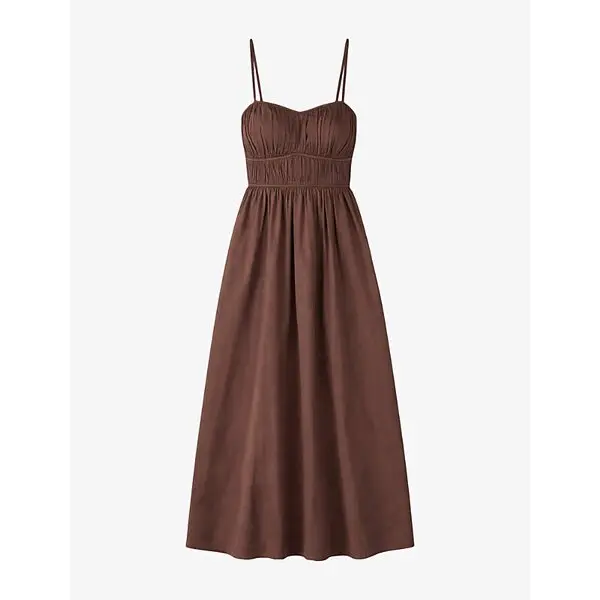 RO&ZO Ruched Sweetheart-neck Cotton Midi Dress - Chocolate